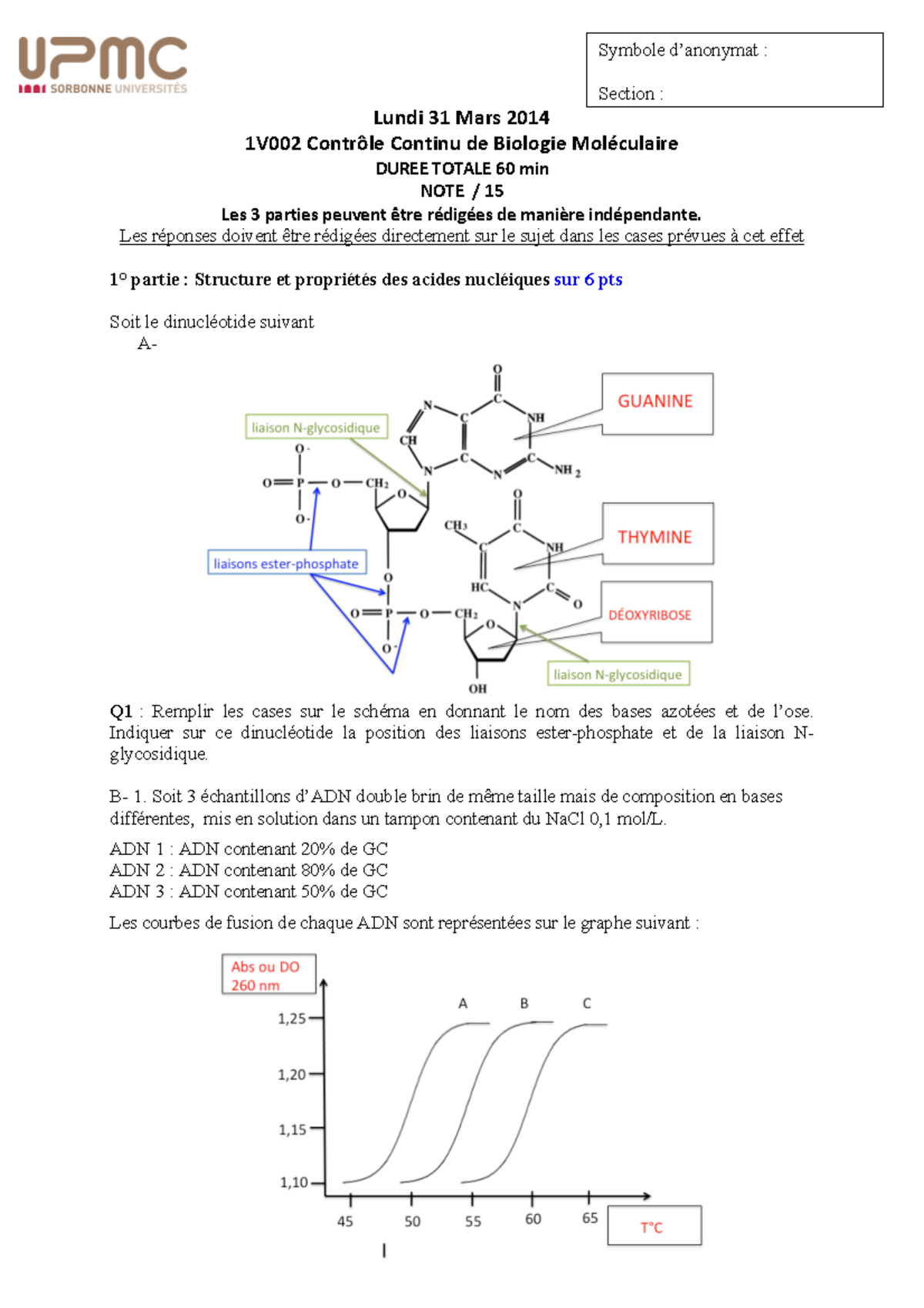 Annale biologie moléculaire - Lundi 31 Mars 1V002 Contrôle Continu de ...
