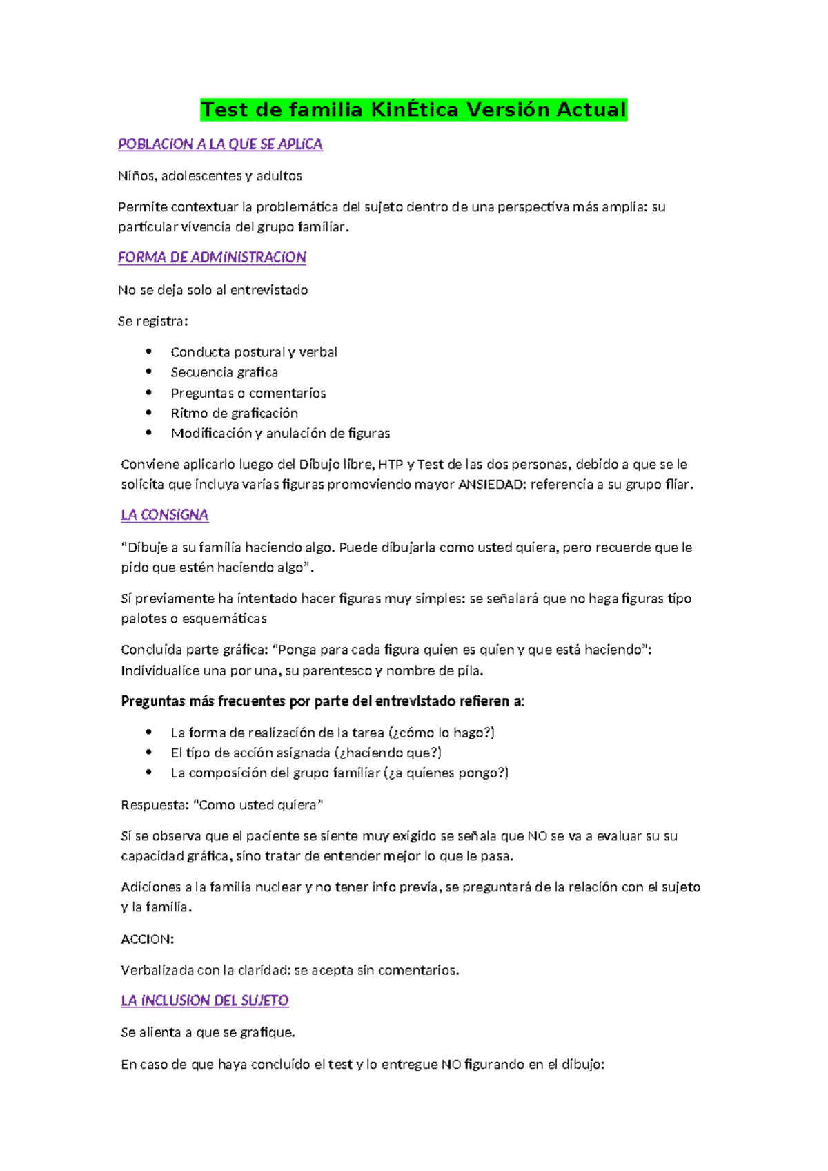 Resumen Flia Kinetica - Test de familia KinÉtica Versión Actual ...