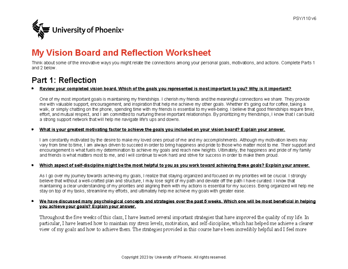 Psy110 v6 wk5 my vision board and reflection worksheet - PSY/110 v My ...