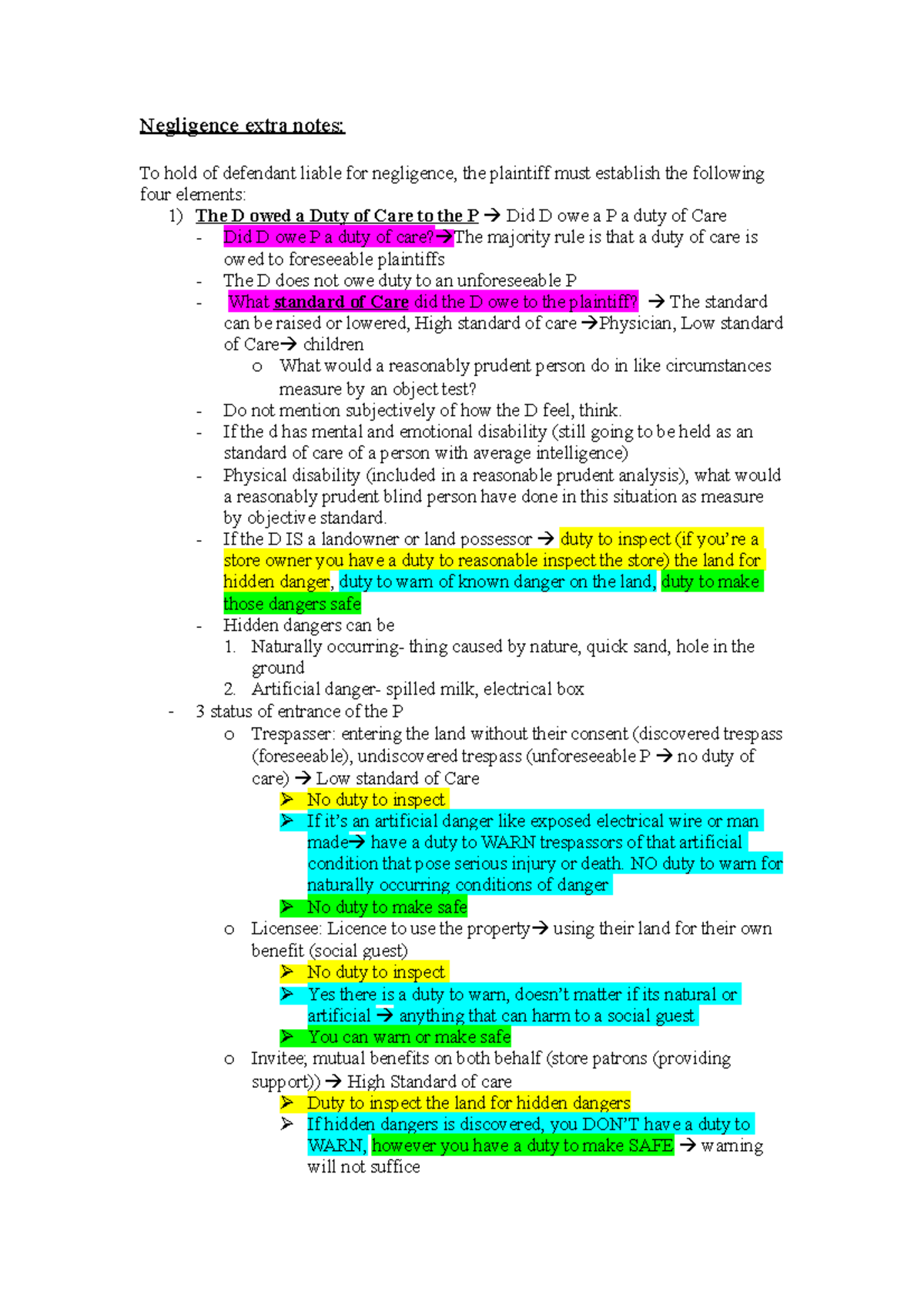 Problem Solving for Exams (Torts) - Negligence extra notes: To hold of ...