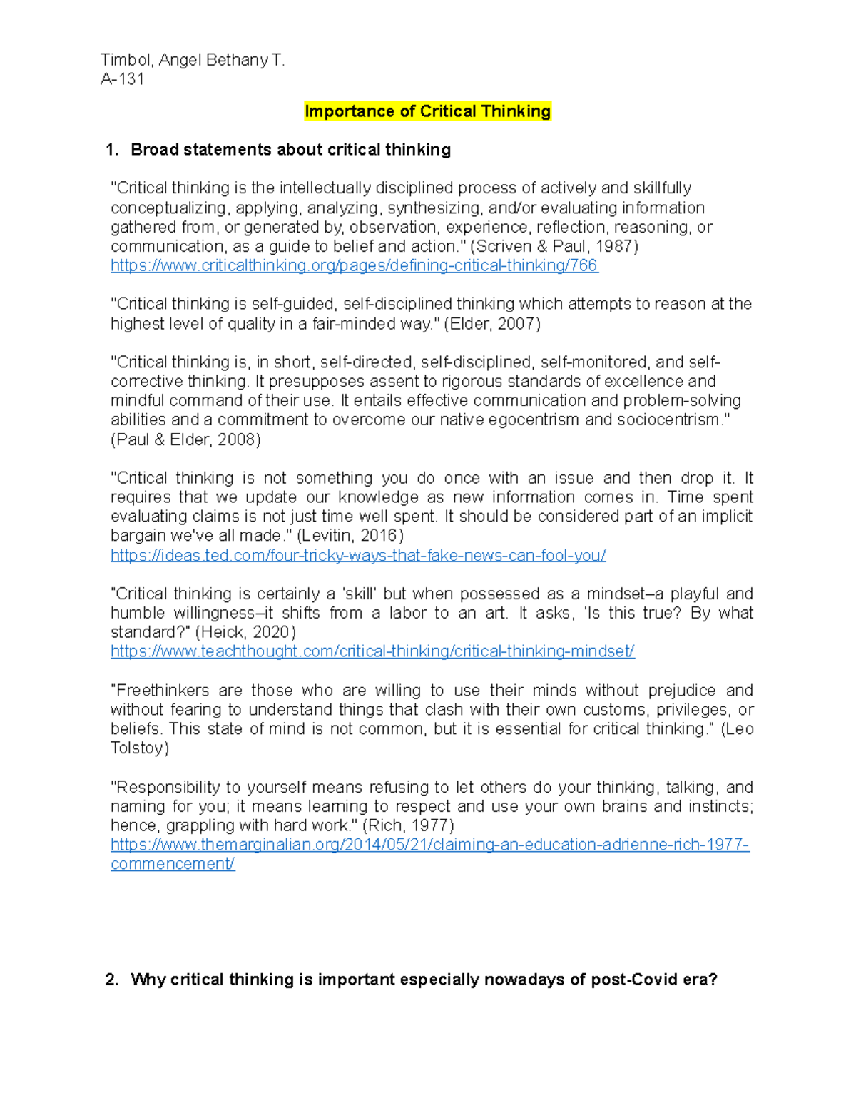 Importance of Critical Thinking - A- Importance of Critical Thinking ...