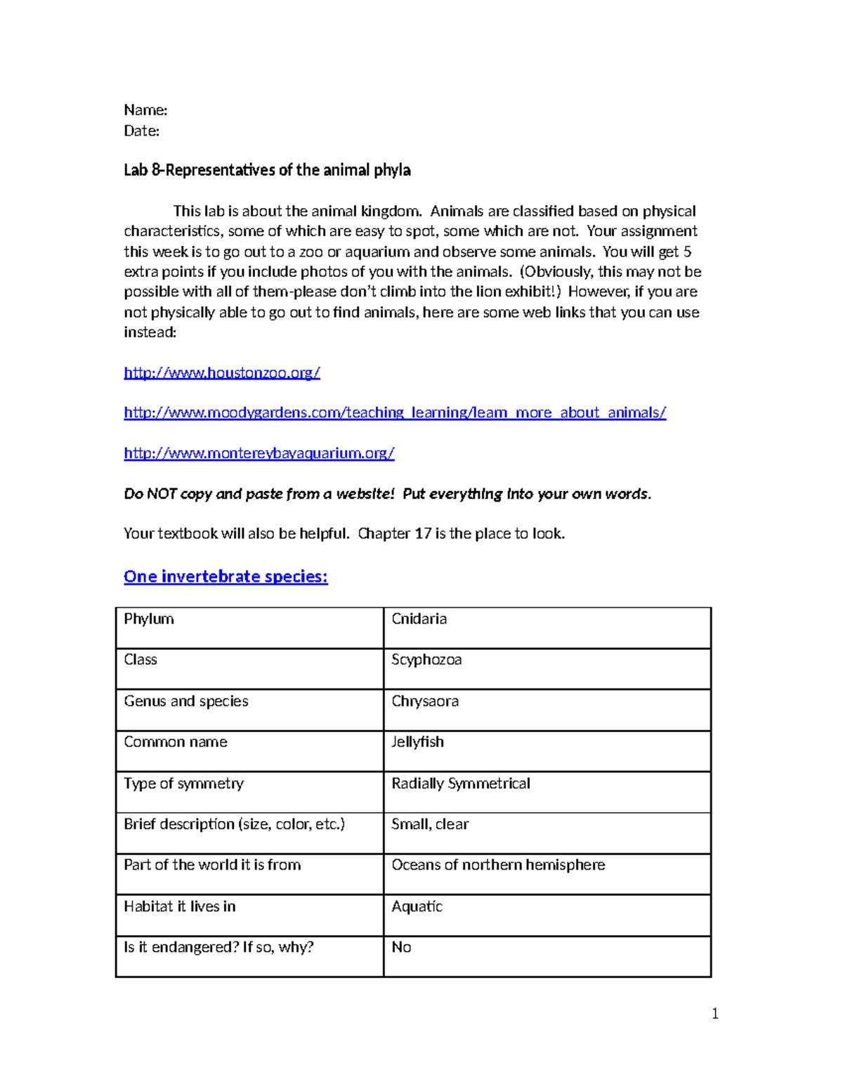 Animal lab 23 - Name: Date: Lab 8-Representatives of the animal phyla ...