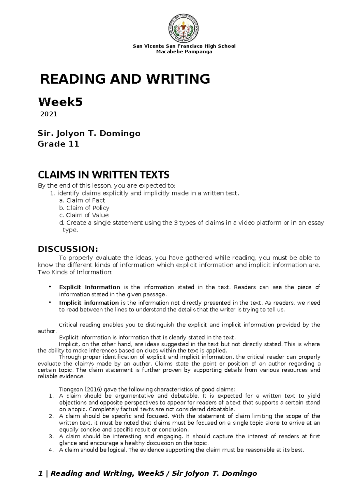 Reading and Writing Week5 - San Vicente San Francisco High School Macabebe Pampanga READING AND ...