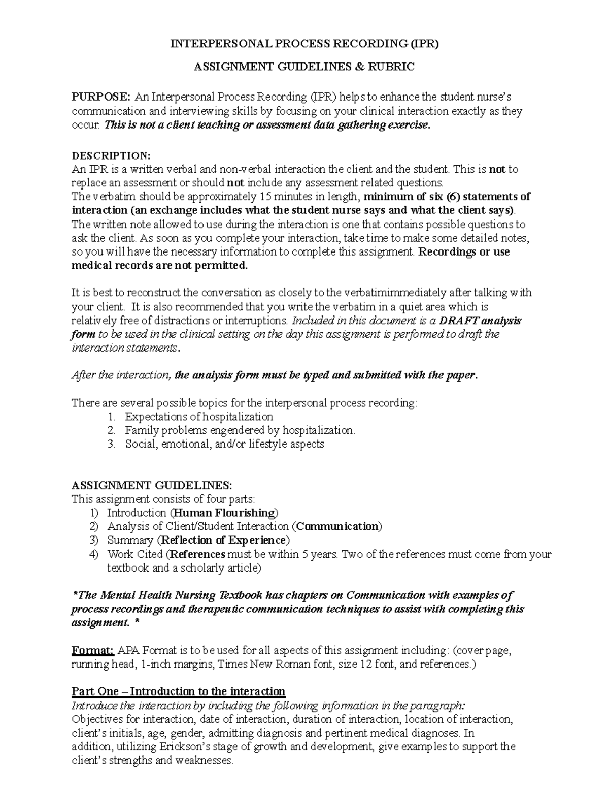 IPR Rubric - PURPOSE: An Interpersonal Process Recording (IPR) helps to ...