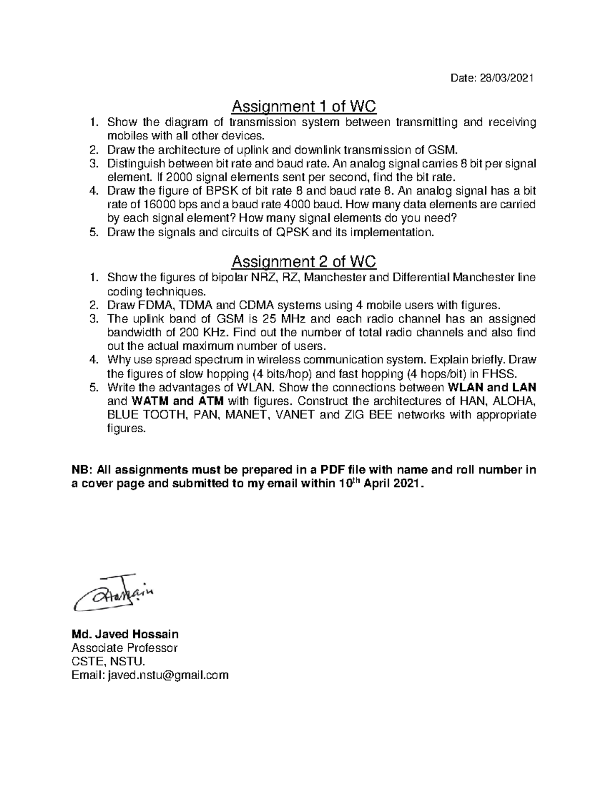 WC Assignments 2017-18 - Date: 28/03/ Assignment 1 of WC Show the diagram of transmission system ...