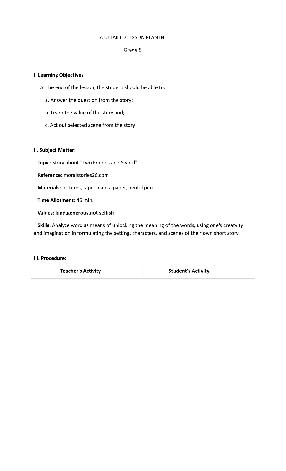 Detailed Lesson PLAN - A DETAILED LESSON PLAN IN Grade 5 I. Learning ...
