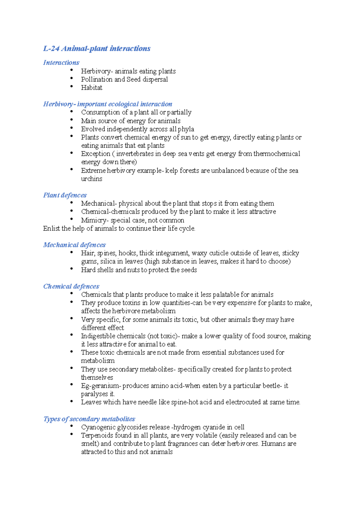 BIOL1310 Lecture 24 - Animal-plant interactions - L-24 Animal-plant ...