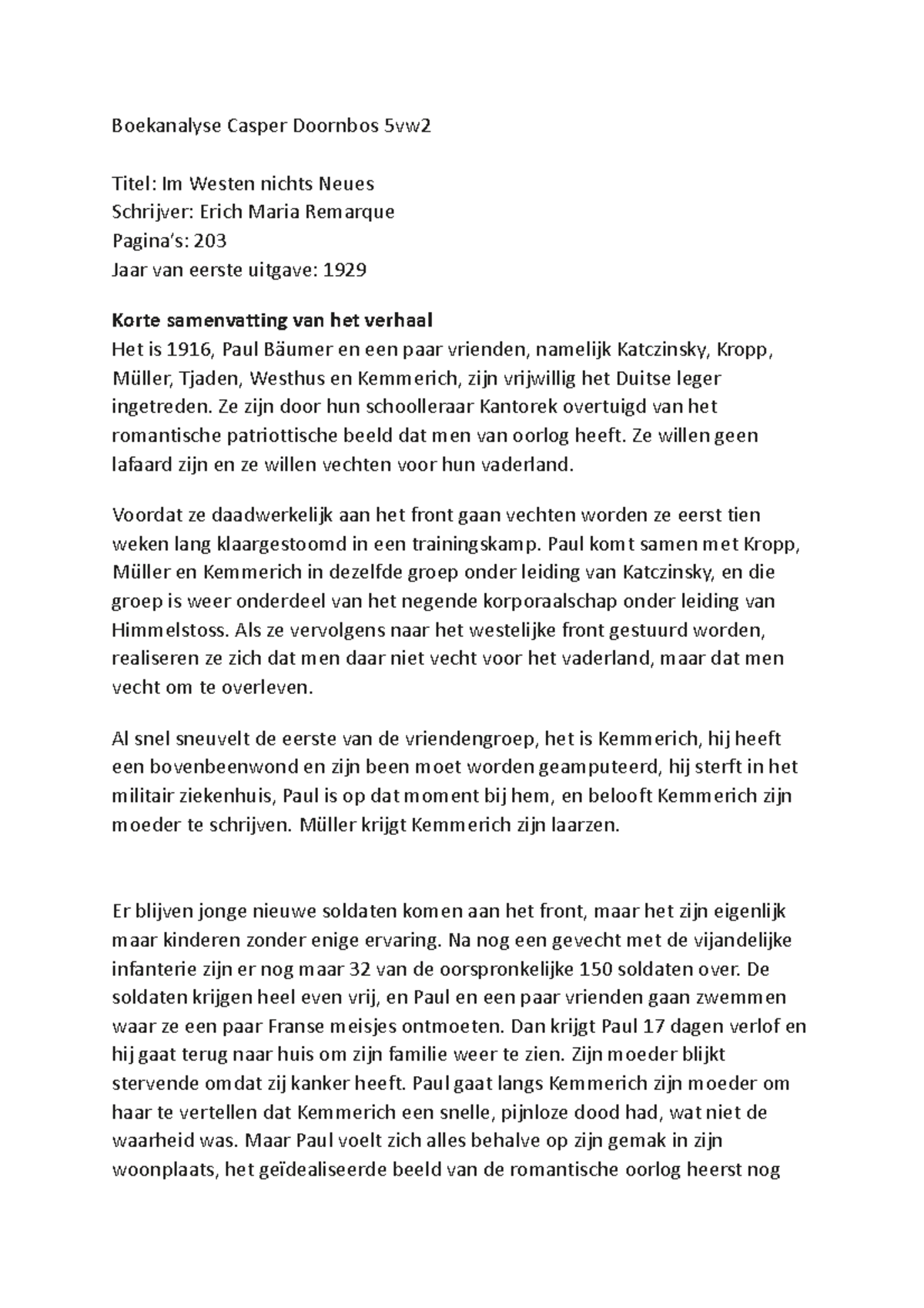 Duits analyse - lache boek - Boekanalyse Casper Doornbos 5vw Titel: Im ...