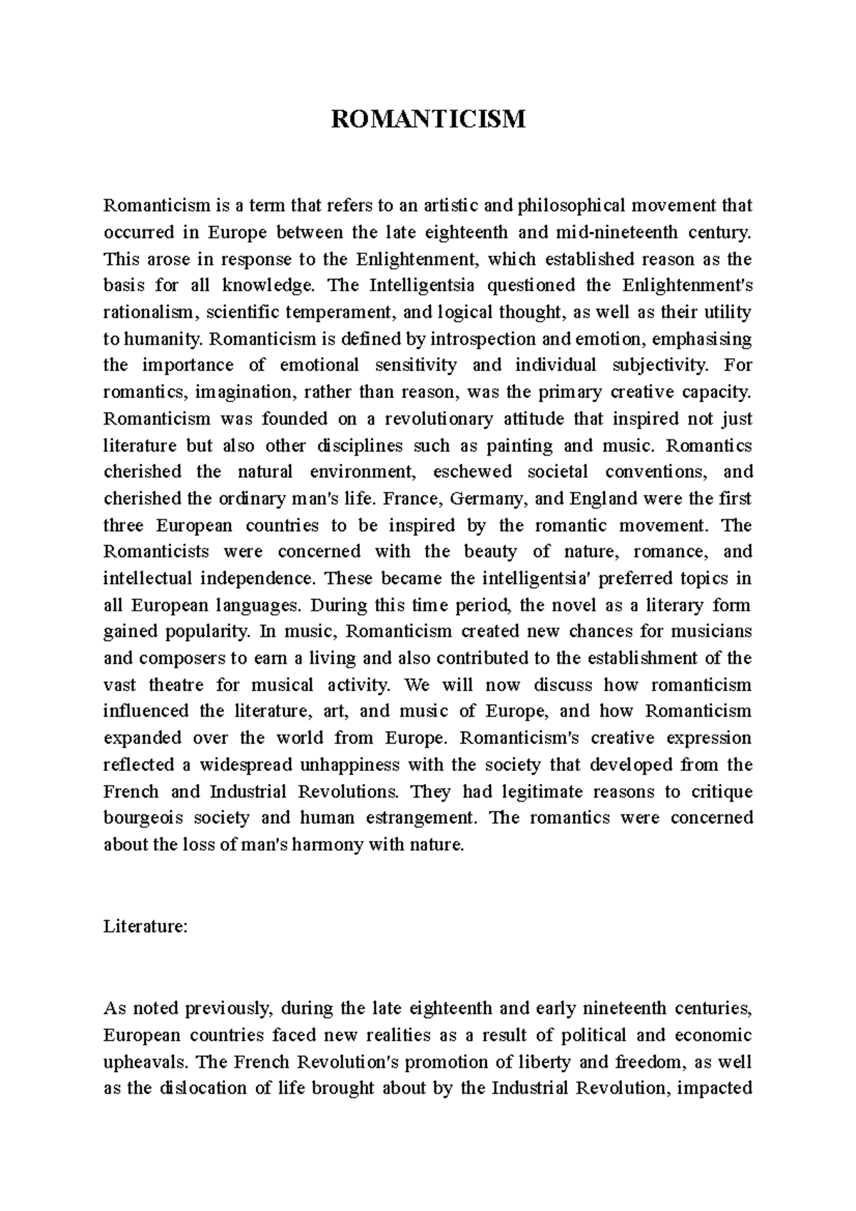 Romanticism - Lecture notes 4 - ROMANTICISM Romanticism is a term that ...