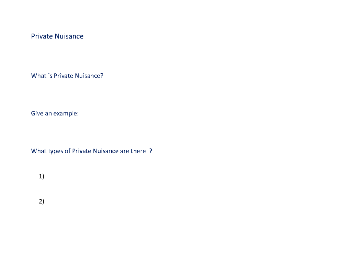 Private Nuisance Worksheet - Private Nuisance What is Private Nuisance ...