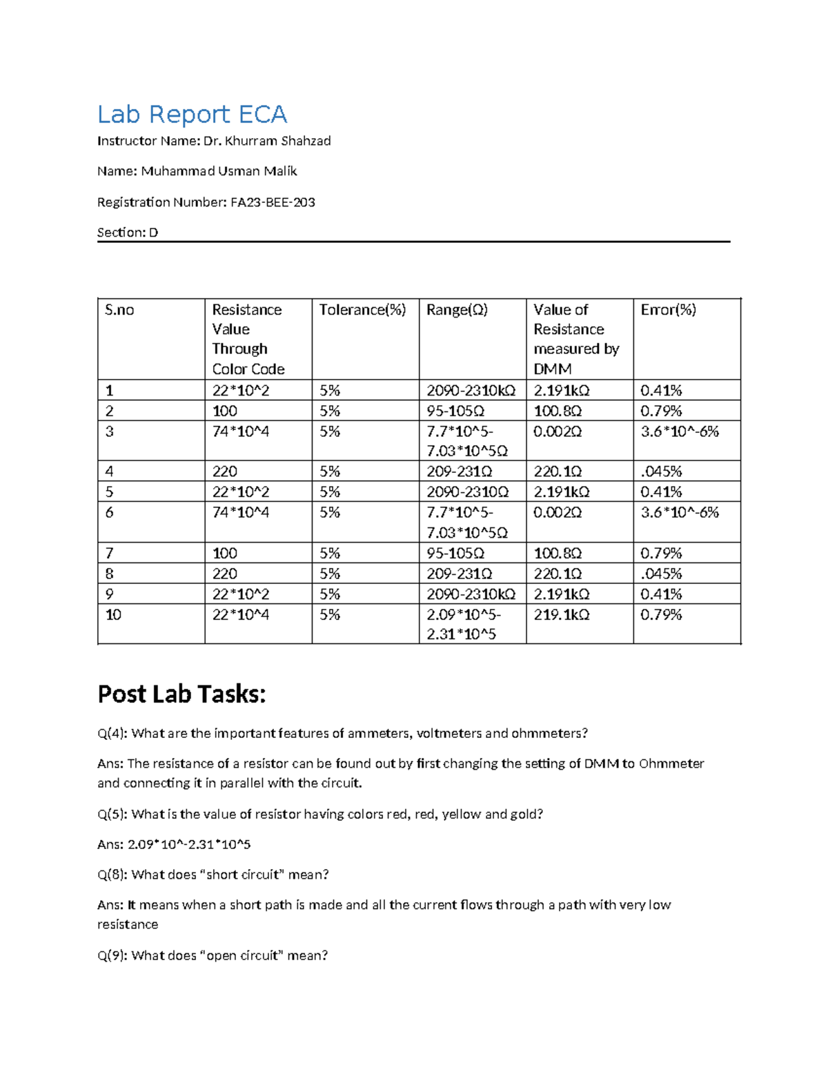 Lab Report ECA - Lab Report ECA Instructor Name: Dr. Khurram Shahzad Name: Muhammad Usman Malik ...