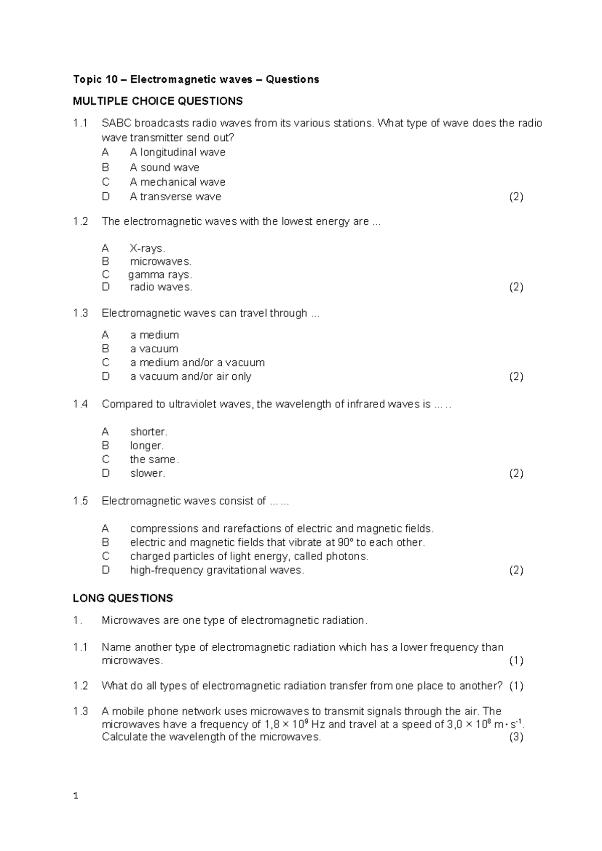 Grade 10 topic 10 Assessment questions - Topic 10 – Electromagnetic ...