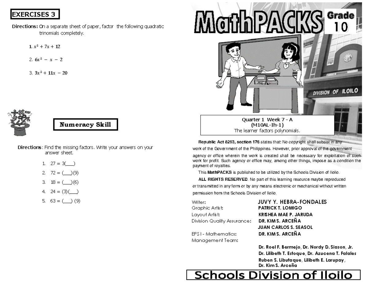 Math10 Q1Wk7-ABC-Key v. Oct282020 - Quarter 1 Week 7 - A (M10AL-Ih-1 ...