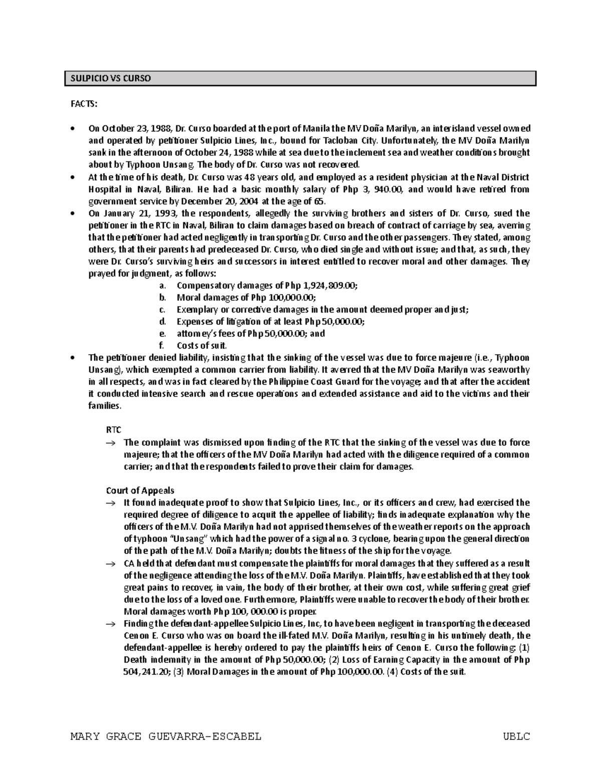 Sulpicio VS Curso - Transpo - SULPICIO VS CURSO FACTS: On October 23 ...