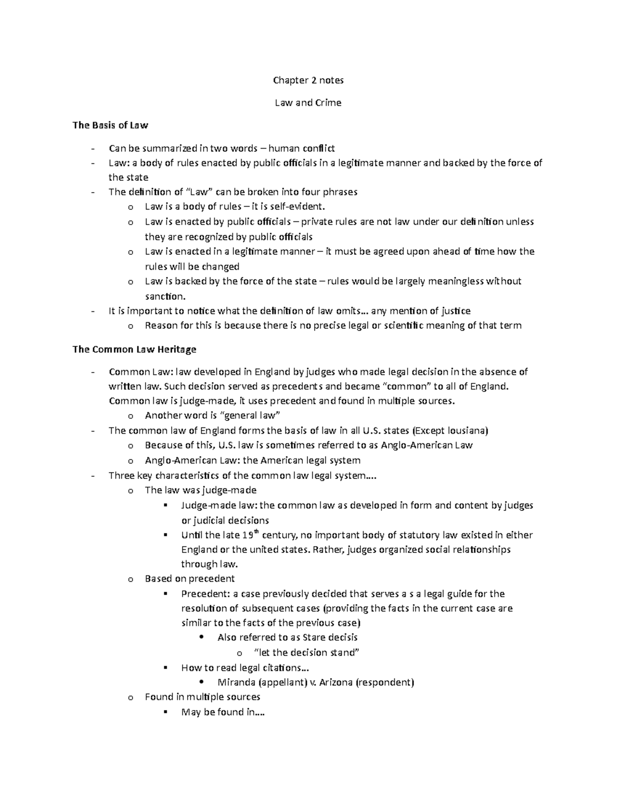 Chapter 2 notes - Chapter 2 notes Law and Crime The Basis of Law Can be ...