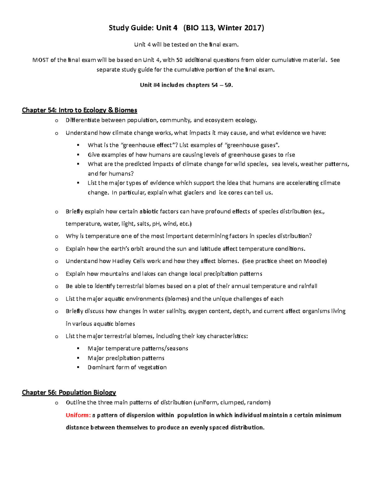 BIO111 Unit 4 exam study guide - Study Guide: Unit 4 (BIO 113, Winter ...