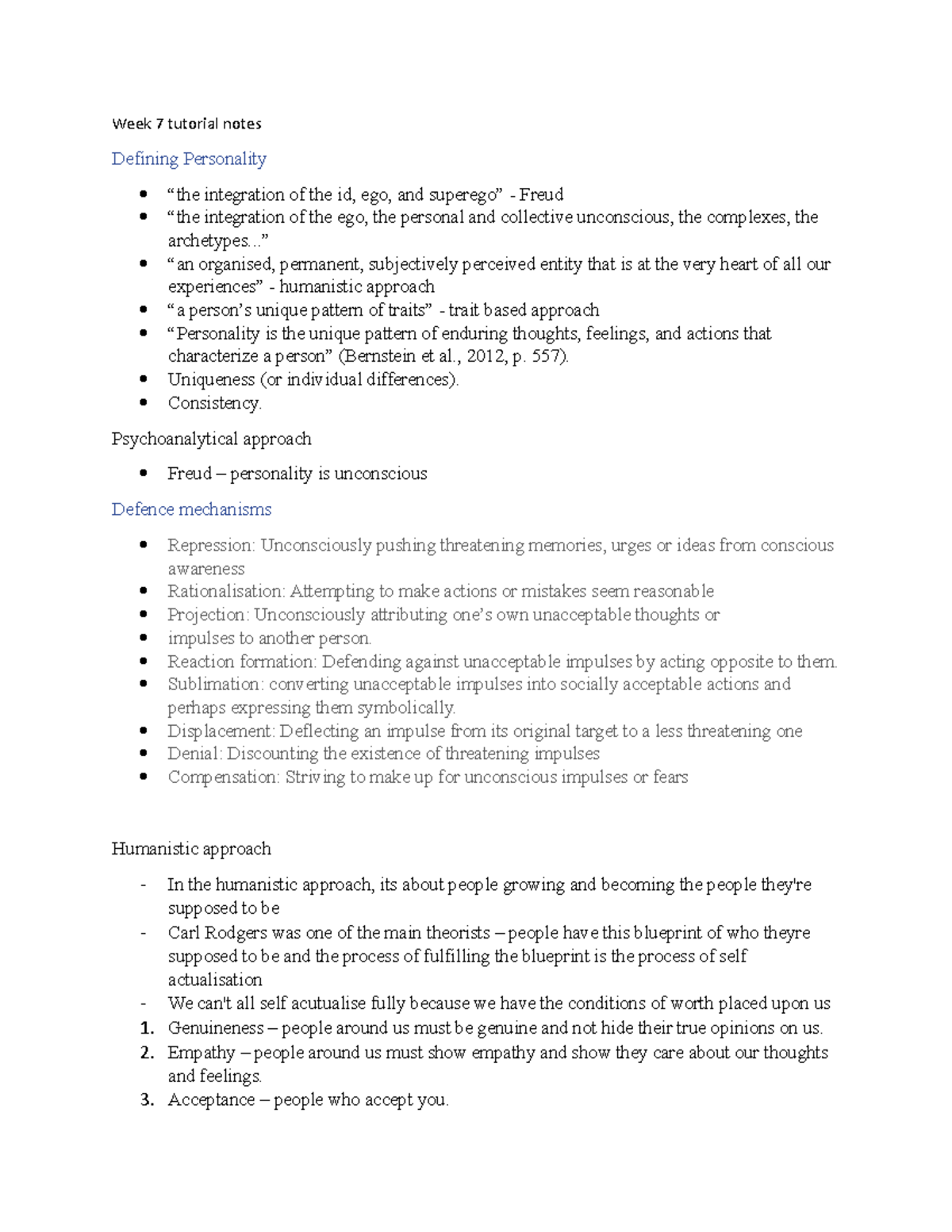 Week 7 tutorial notes - Week 7 tutorial notes Defining Personality “the ...