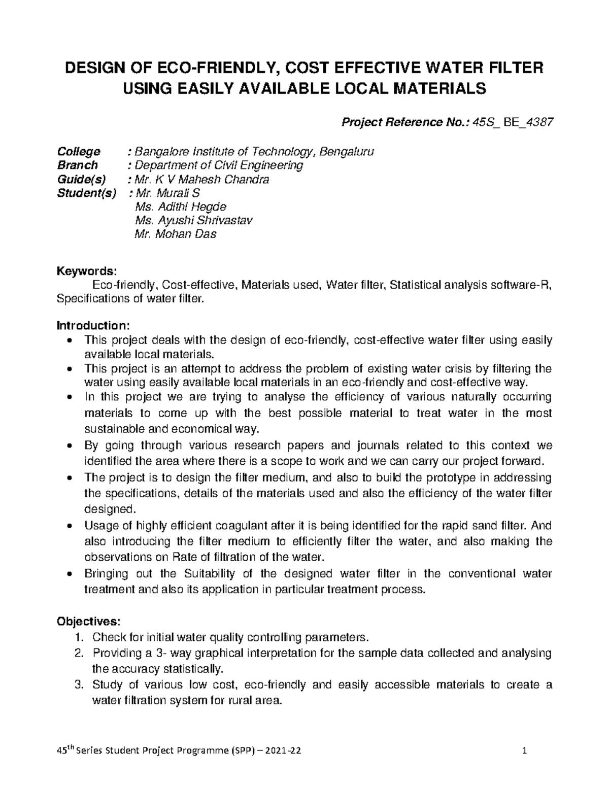 024 45S BE 4387 - DESIGN OF ECO-FRIENDLY, COST EFFECTIVE WATER FILTER ...