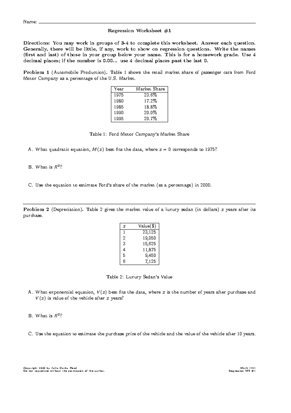 U Old Classes 1331 Ch. 2 Regression WS - Name: Regression Worksheet ...