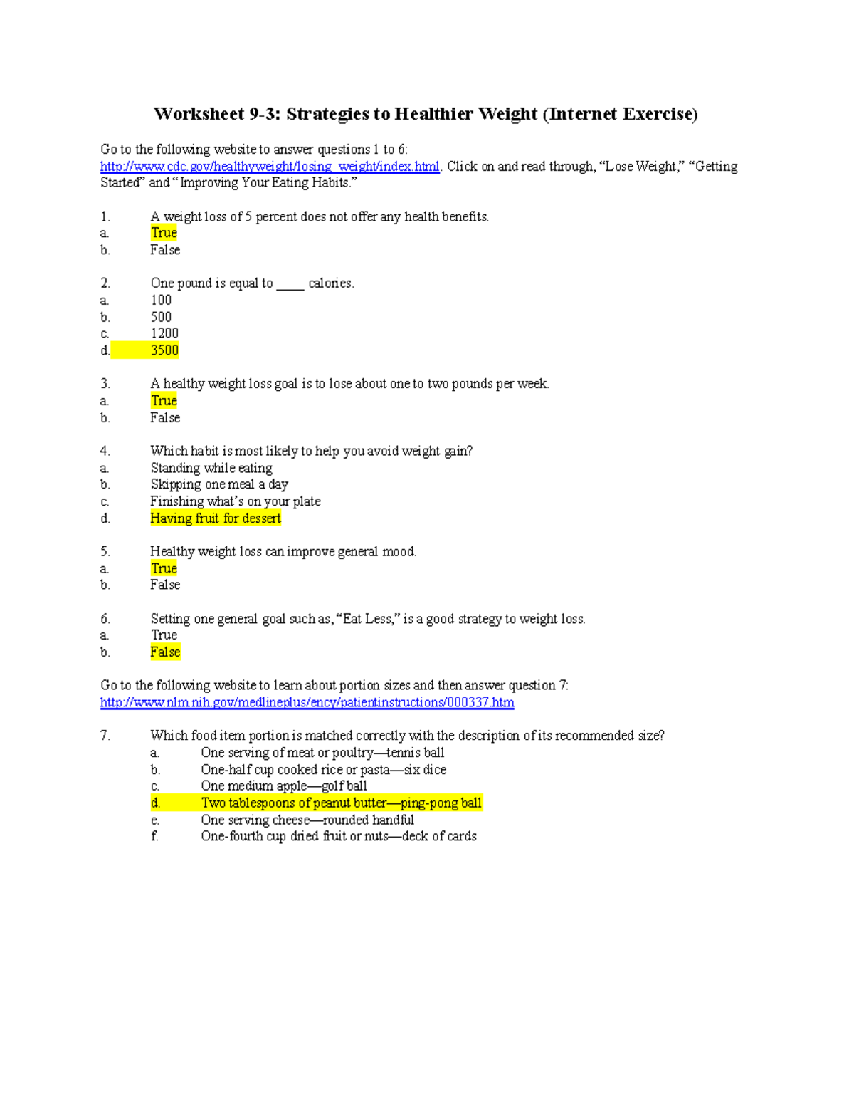 Worksheet 9-3 - Basic Nutrition Assignment - Worksheet 9-3: Strategies ...