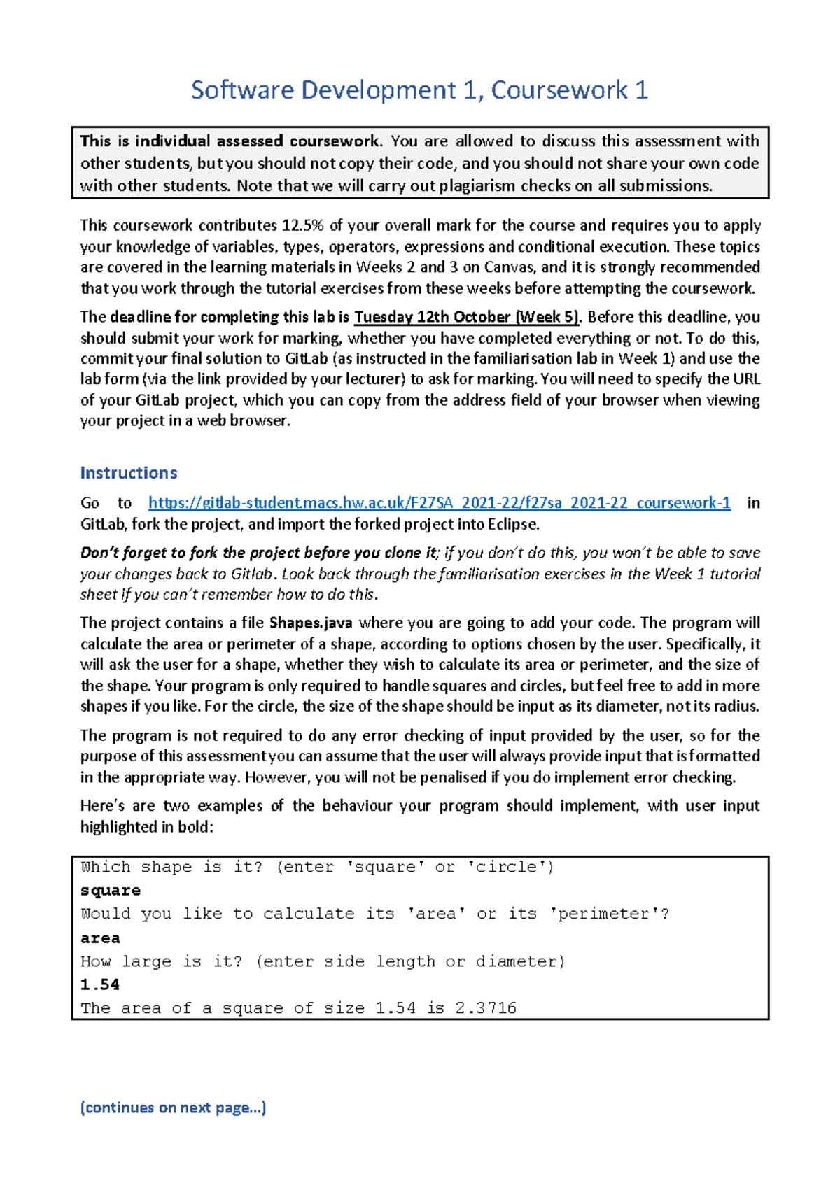 F27SA Coursework 1 - (continues on next page...) Software Development 1 ...