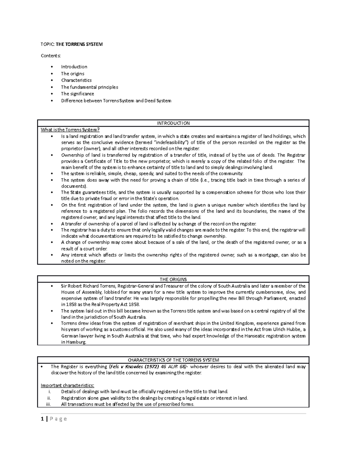 The Torrens System - land law - TOPIC: THE TORRENS SYSTEM Contents ...