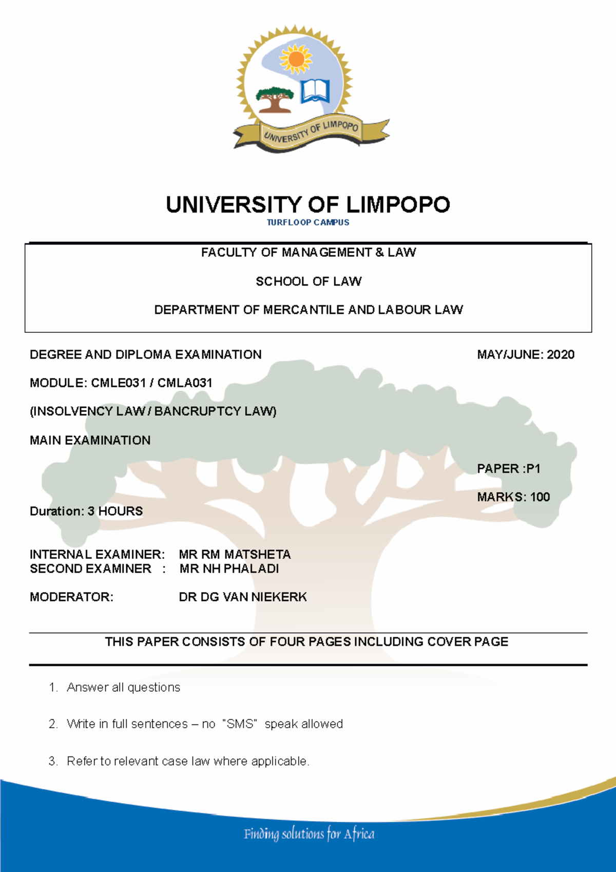 MAIN Examination - UNIVERSITY OF LIMPOPO TURFLOOP CAMPUS FACULTY OF ...
