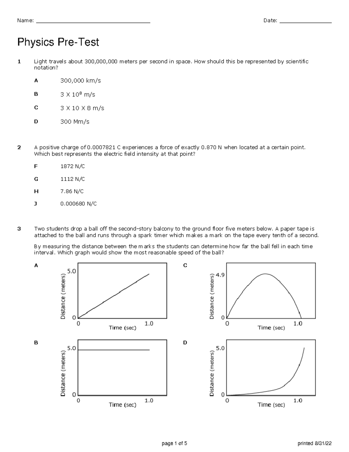 Copy of Physics Pretest 23-24 - Name ...