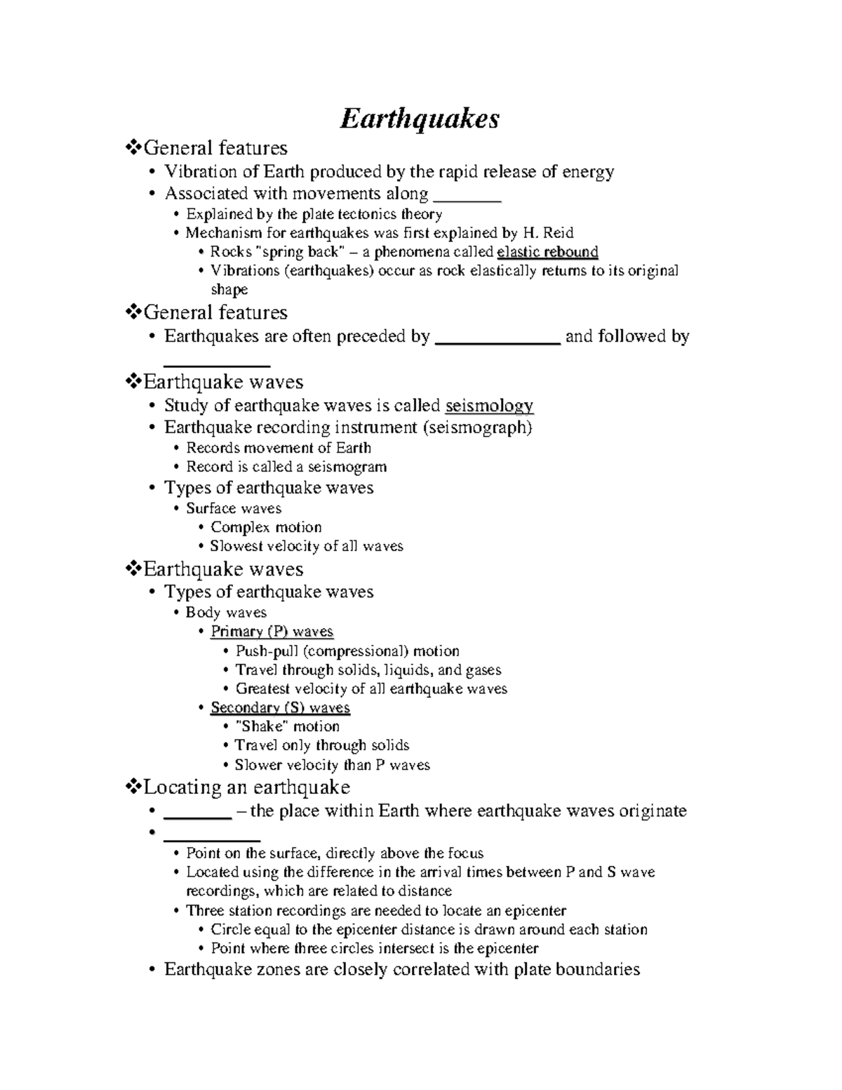 Chapter 7 notes- Earthquakes and plate techtonics - Earthquakes General ...