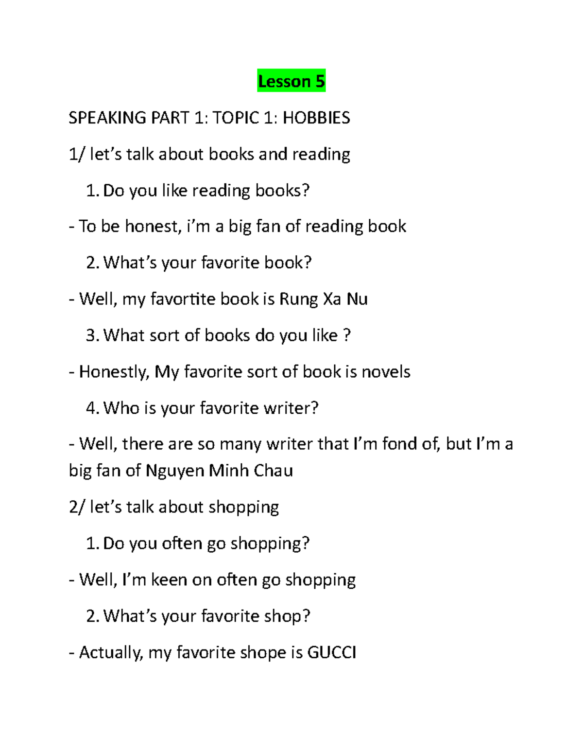 Lesson-5 - hsi - Lesson 5 SPEAKING PART 1: TOPIC 1: HOBBIES 1/ let’s ...