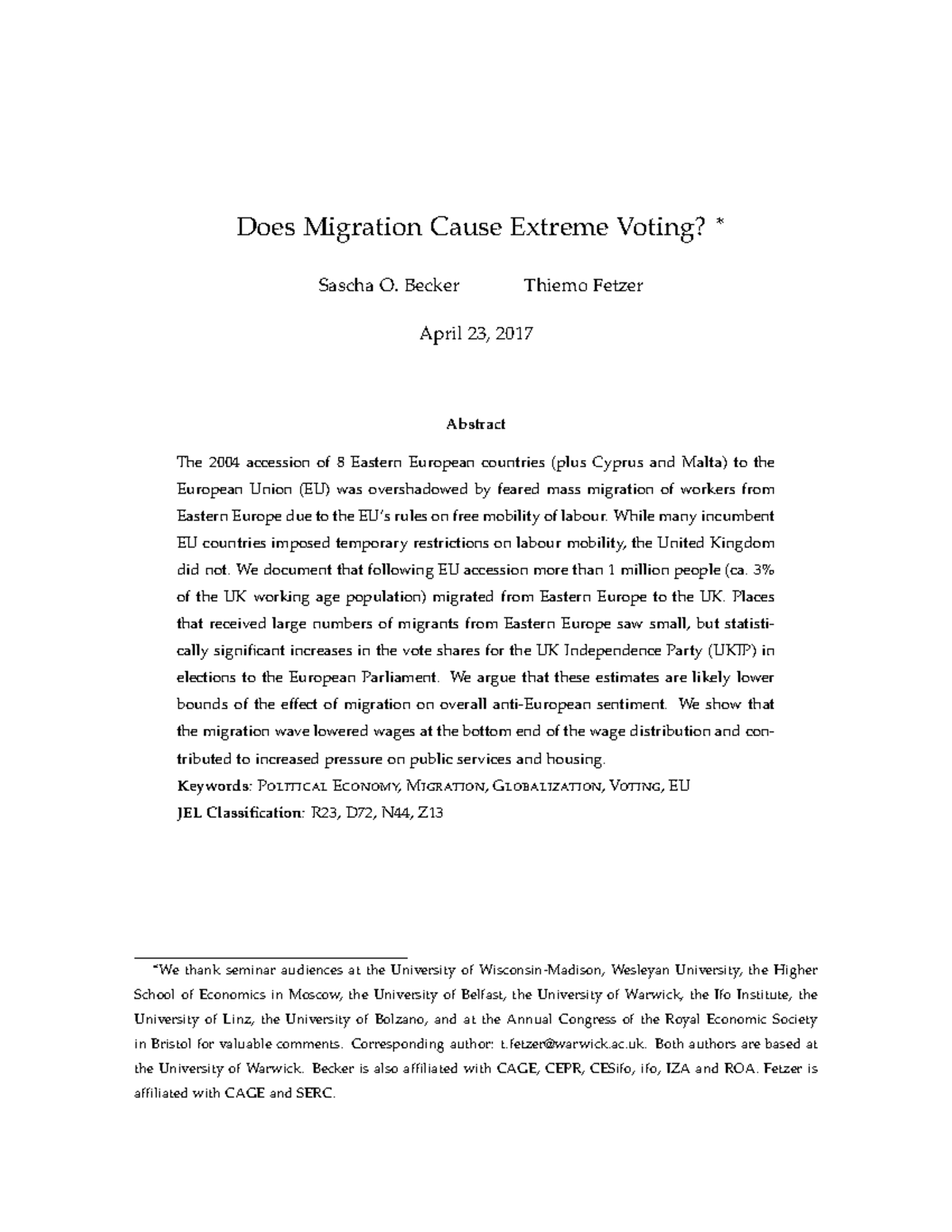 Becker - Does Migration Cause Extreme Voting?∗ Sascha O. Becker Thiemo ...