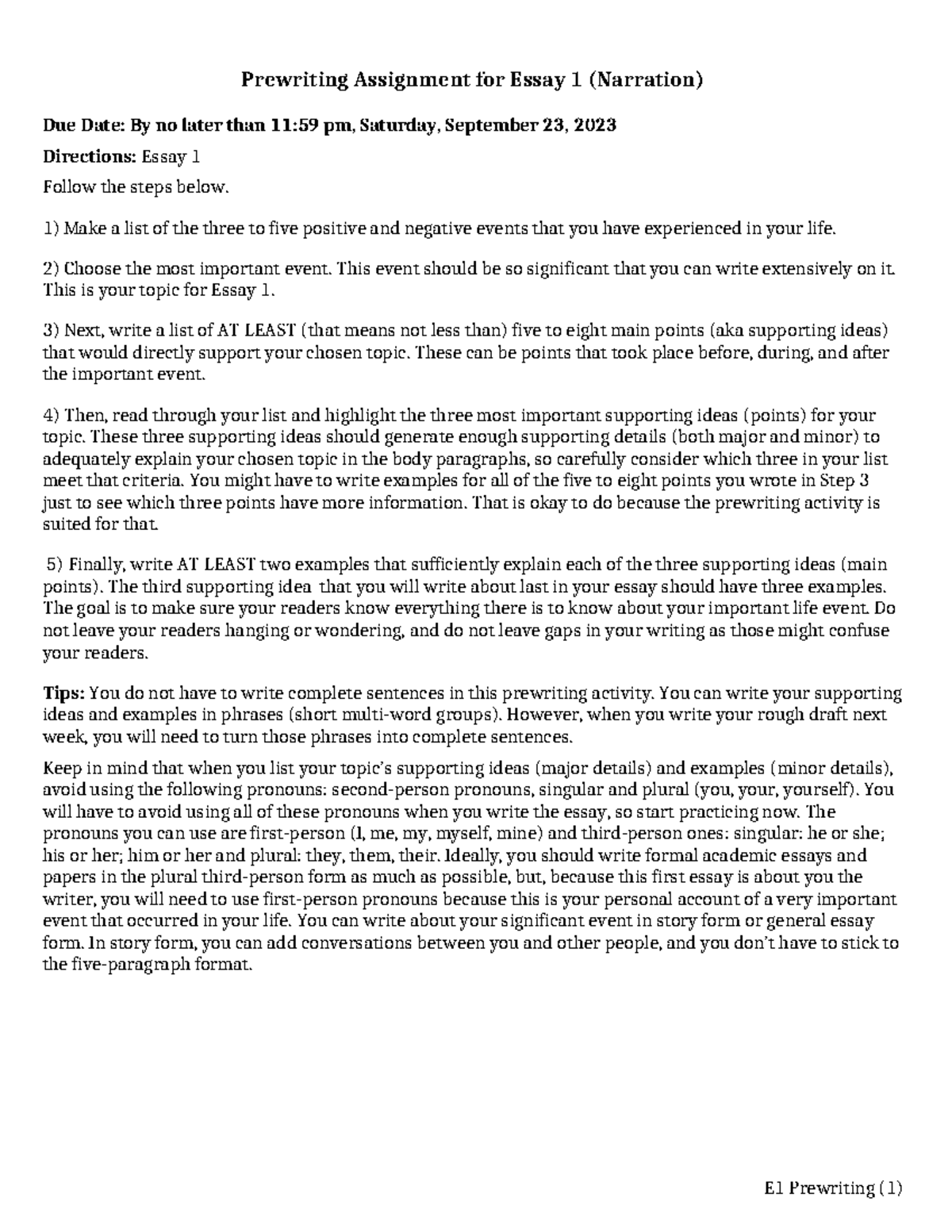 Prewriting Assignment for Essay 1(Due 9-23-23)(1) - Tagged - Prewriting ...