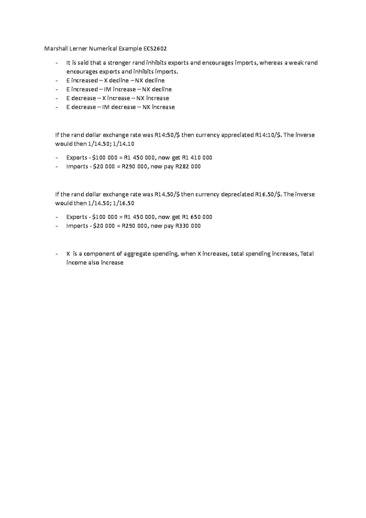 Marshall Lerner Numerical Example ECS2602 - E increased – X decline ...