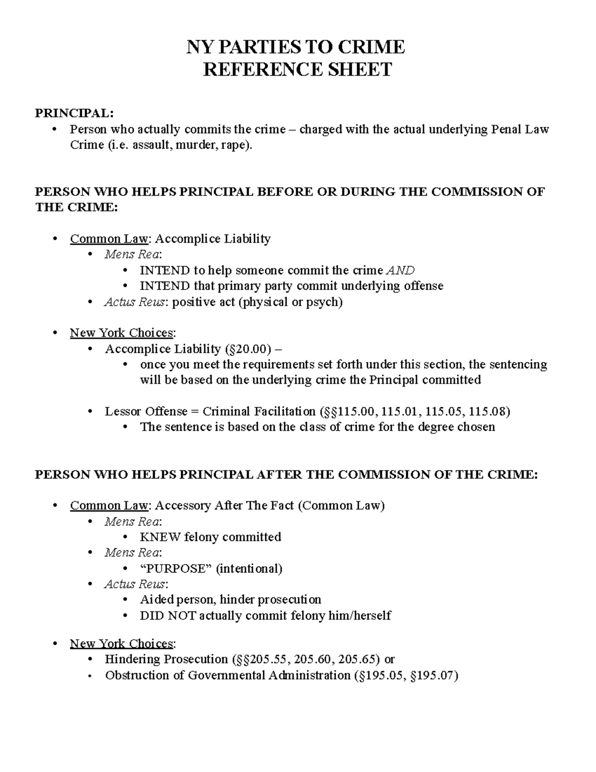 Parties to Crime Reference Sheet - NY PARTIES TO CRIME REFERENCE SHEET ...