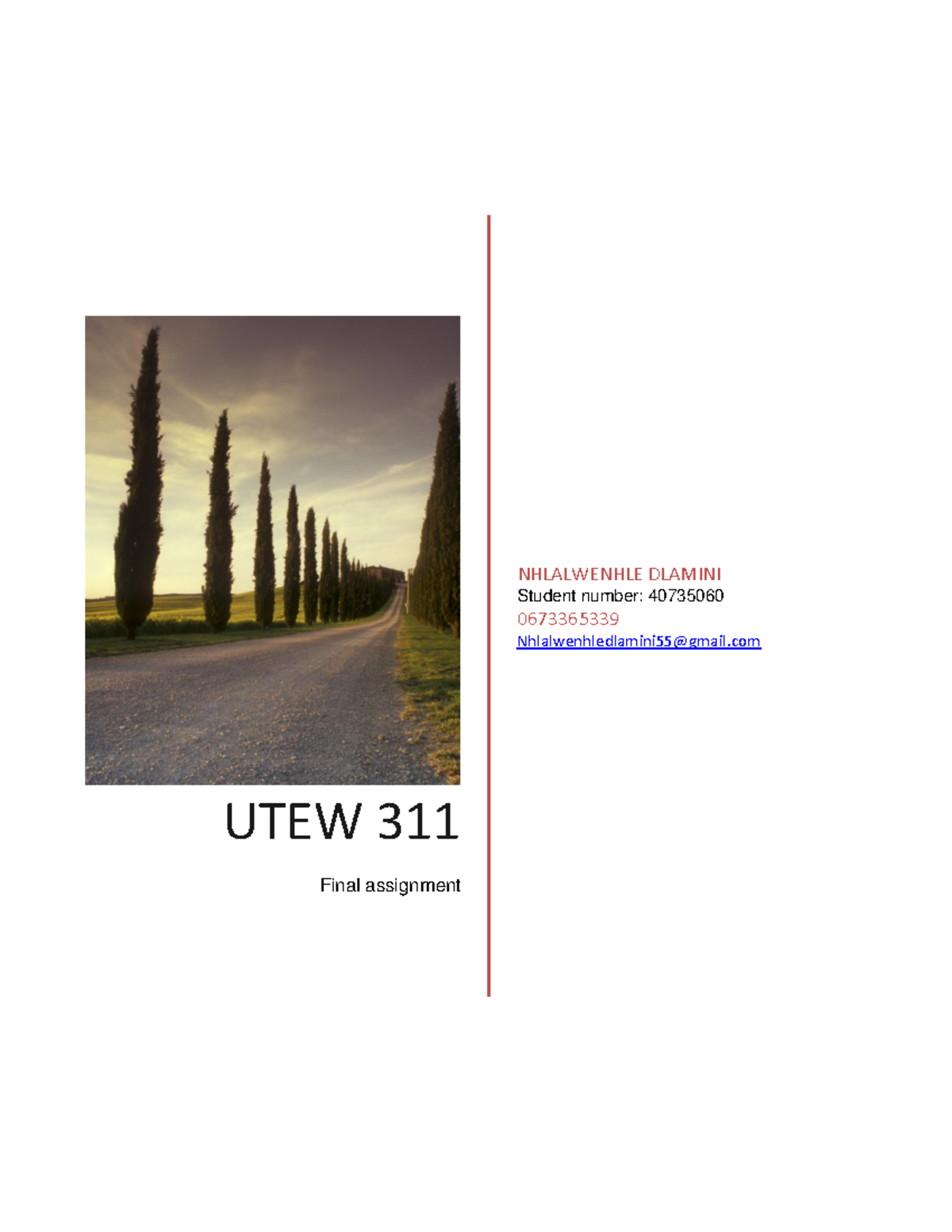 Utew311 40735060 final - UTEW 311 Final assignment NHLALWENHLE DLAMINI ...