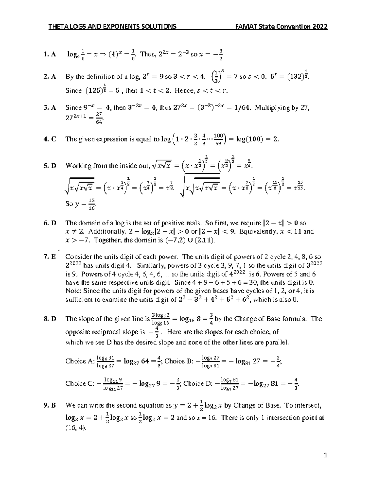 2022 States Theta Logs and Exponents Solutions - THETA LOGS AND ...