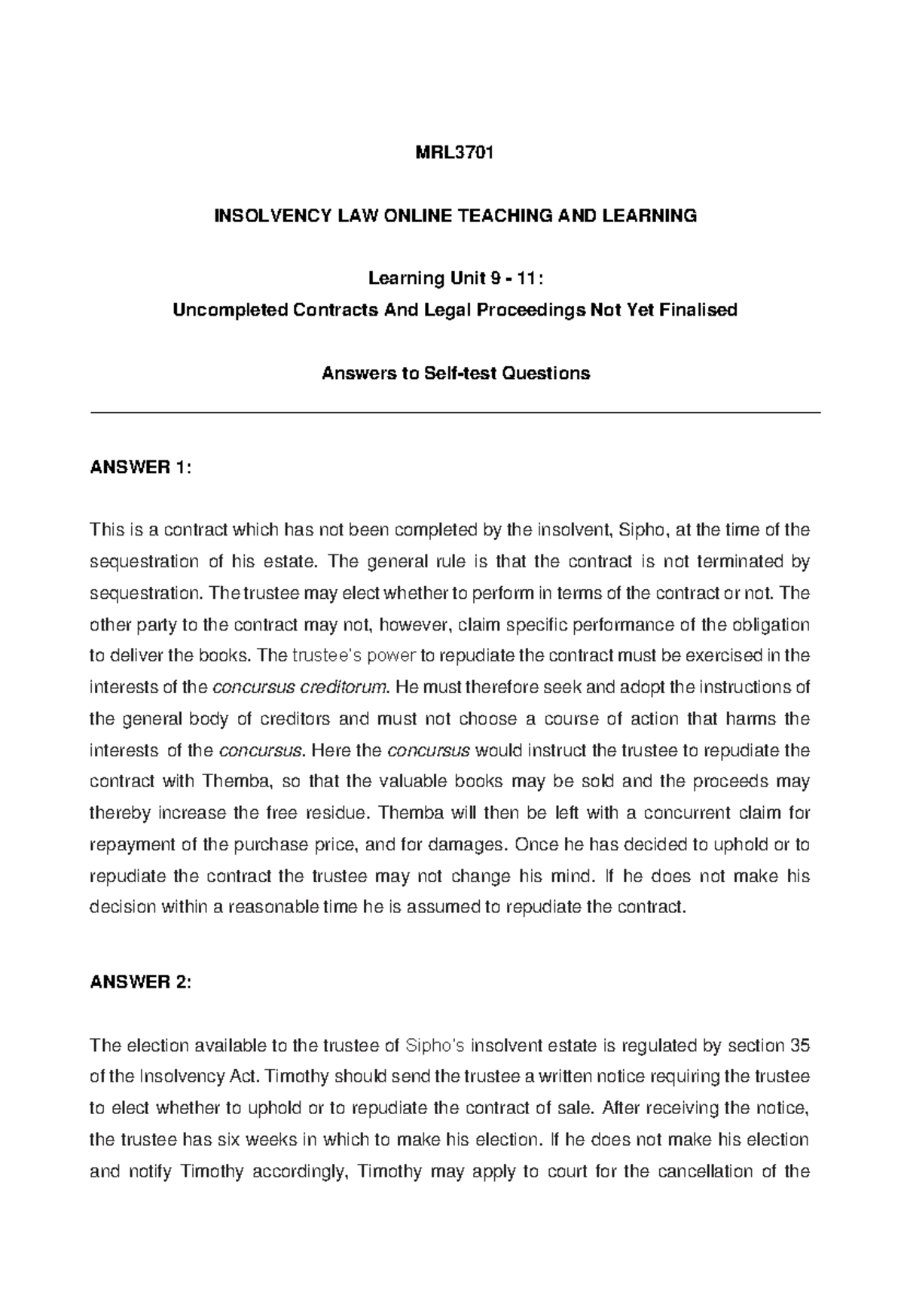 MRL3701 LU 9 - 11 Answers to self test questions - MRL INSOLVENCY LAW ...