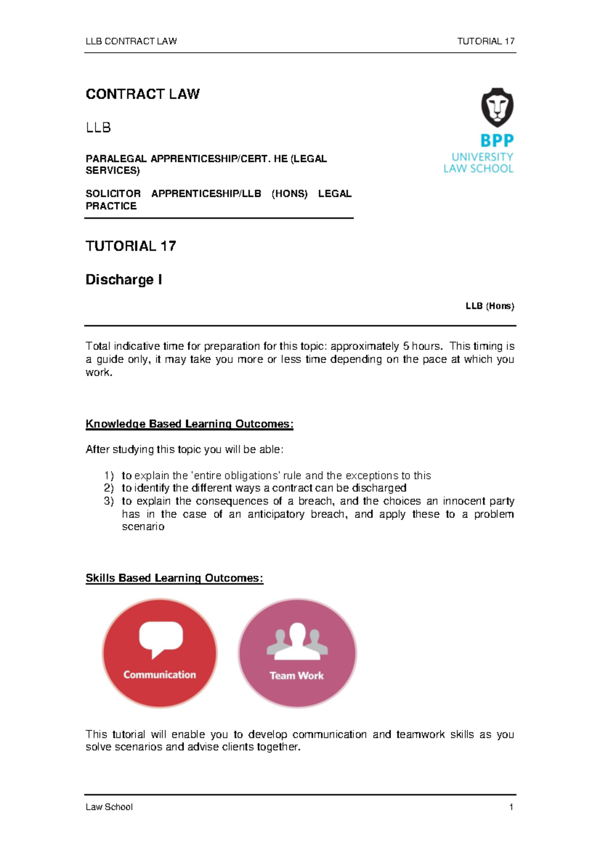 Tutorial 17 - Discharge I - LLB CONTRACT LAW TUTORIAL 17 Law School 1 ...