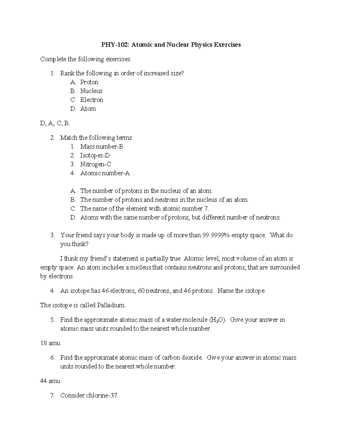 Atomic and Nuclear Physics Exercises - PHY-102: Atomic and Nuclear ...