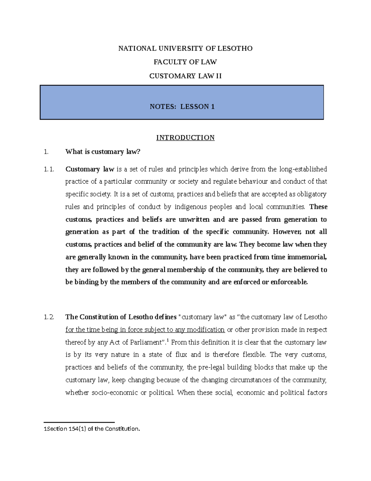 Customary Law Lesson 1 - NATIONAL UNIVERSITY OF LESOTHO FACULTY OF LAW ...