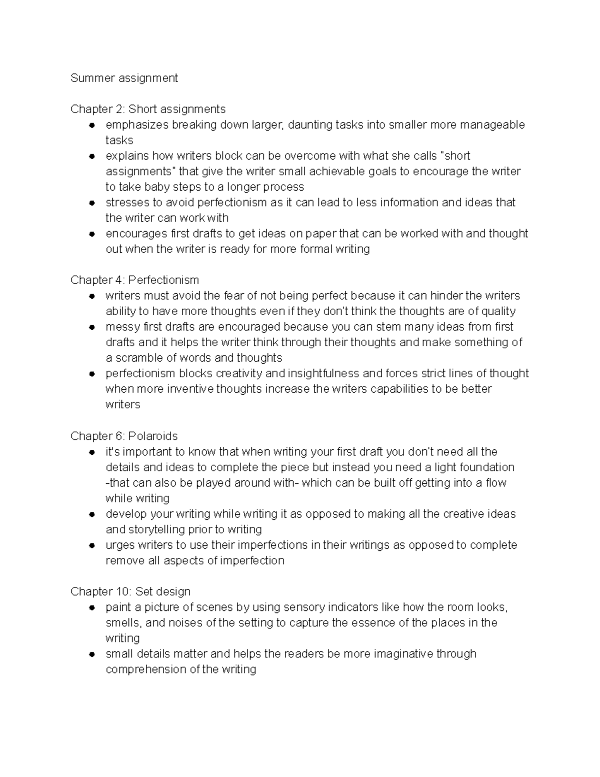 Bird by Bird summer assignment - Summer assignment Chapter 2: Short ...