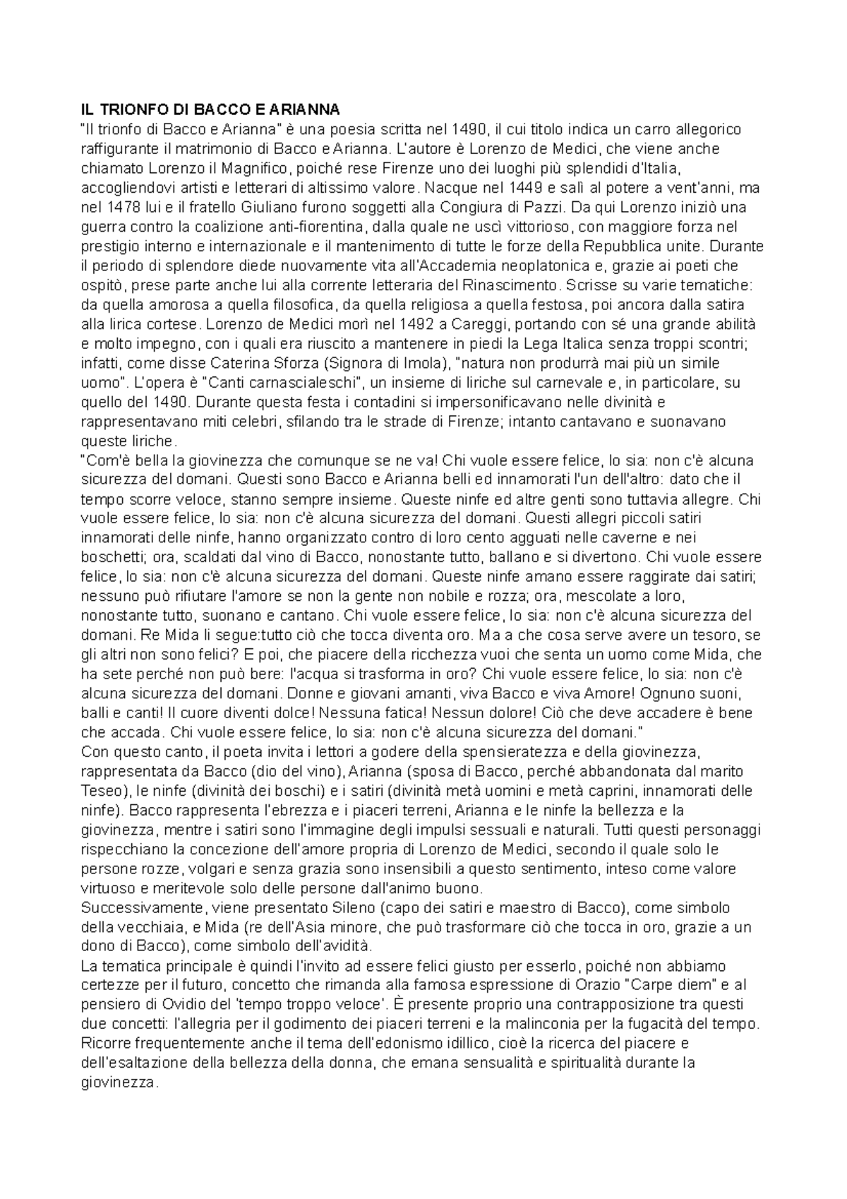 Analisi Il trionfo di Bacco e Arianna di Lorenzo de Medici - IL TRIONFO ...