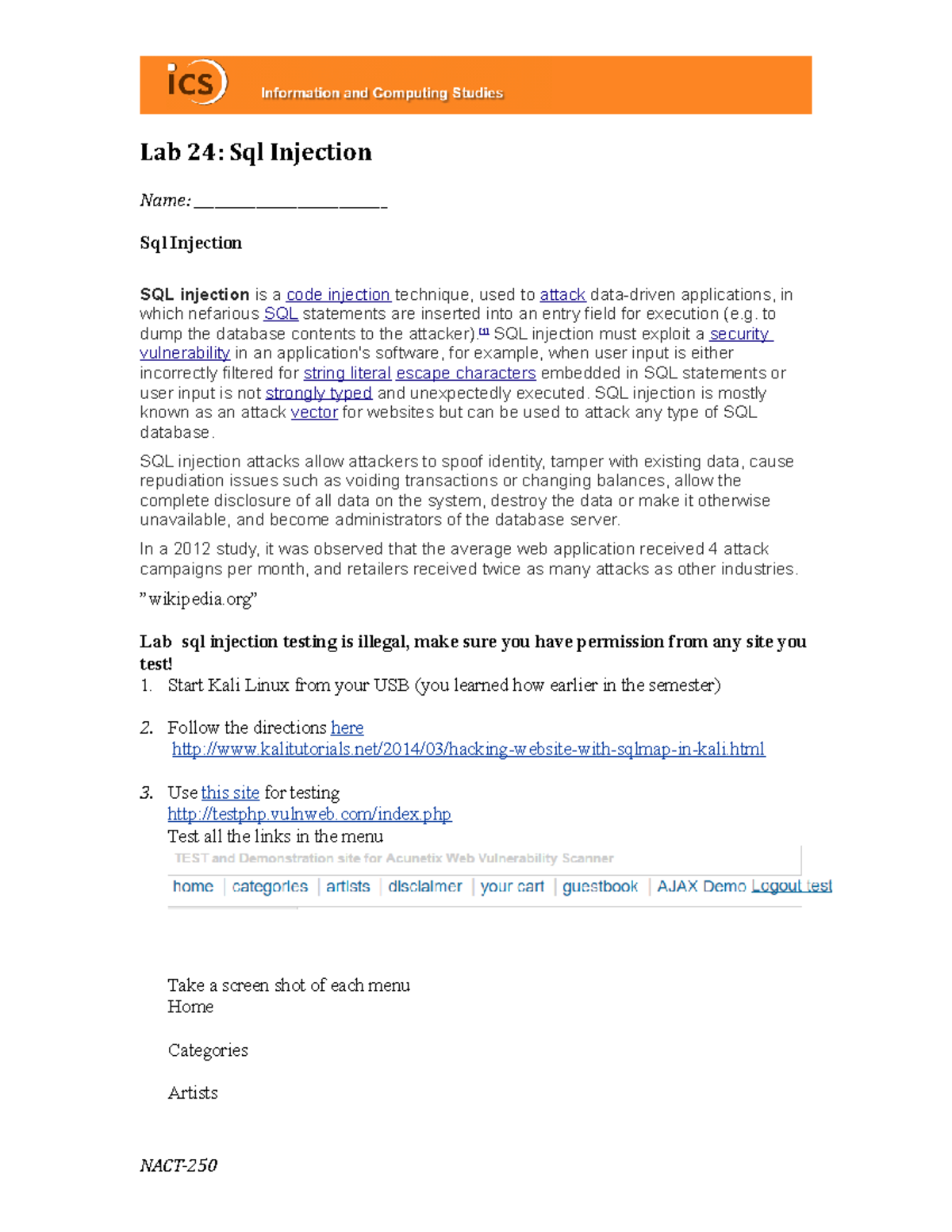 Lab 24 Kali Sql Testing This Is Only For Lab Practical Purposes Lab 24 Sql Injection Name