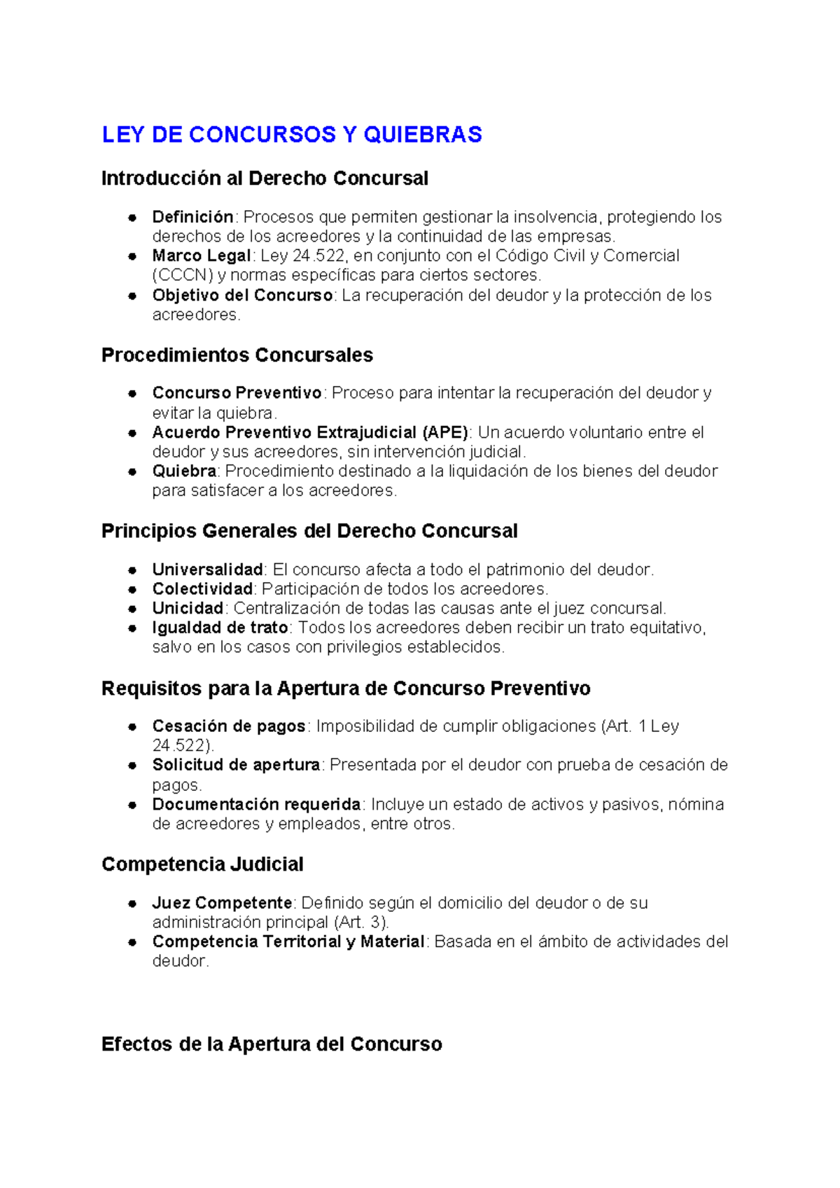 Resumen Examen Final - LEY DE CONCURSOS Y QUIEBRAS Introducción al Derecho Concursal Definición ...