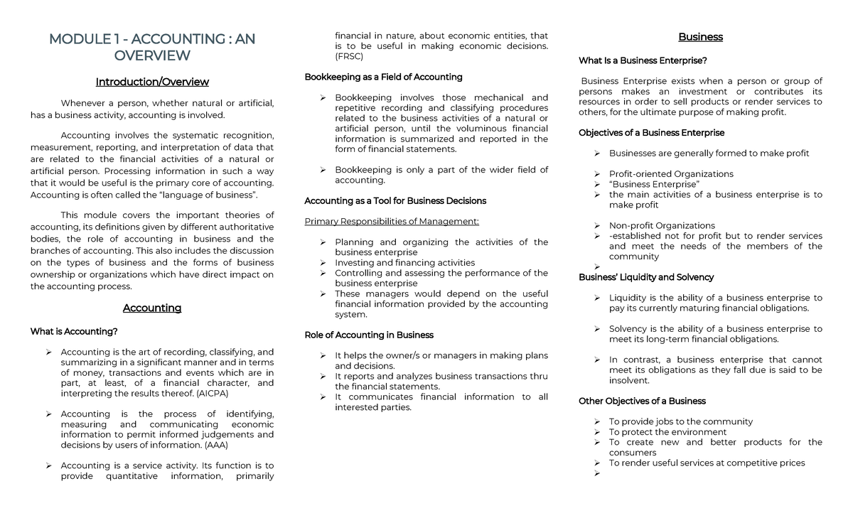 Module-1- Overview - Lecture notes 1 - MODULE 1 - ACCOUNTING : AN ...
