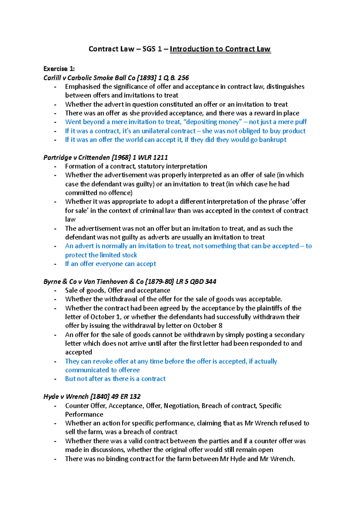 Intro to CL - tutorial work - Contract Law – SGS 1 – Introduction to ...