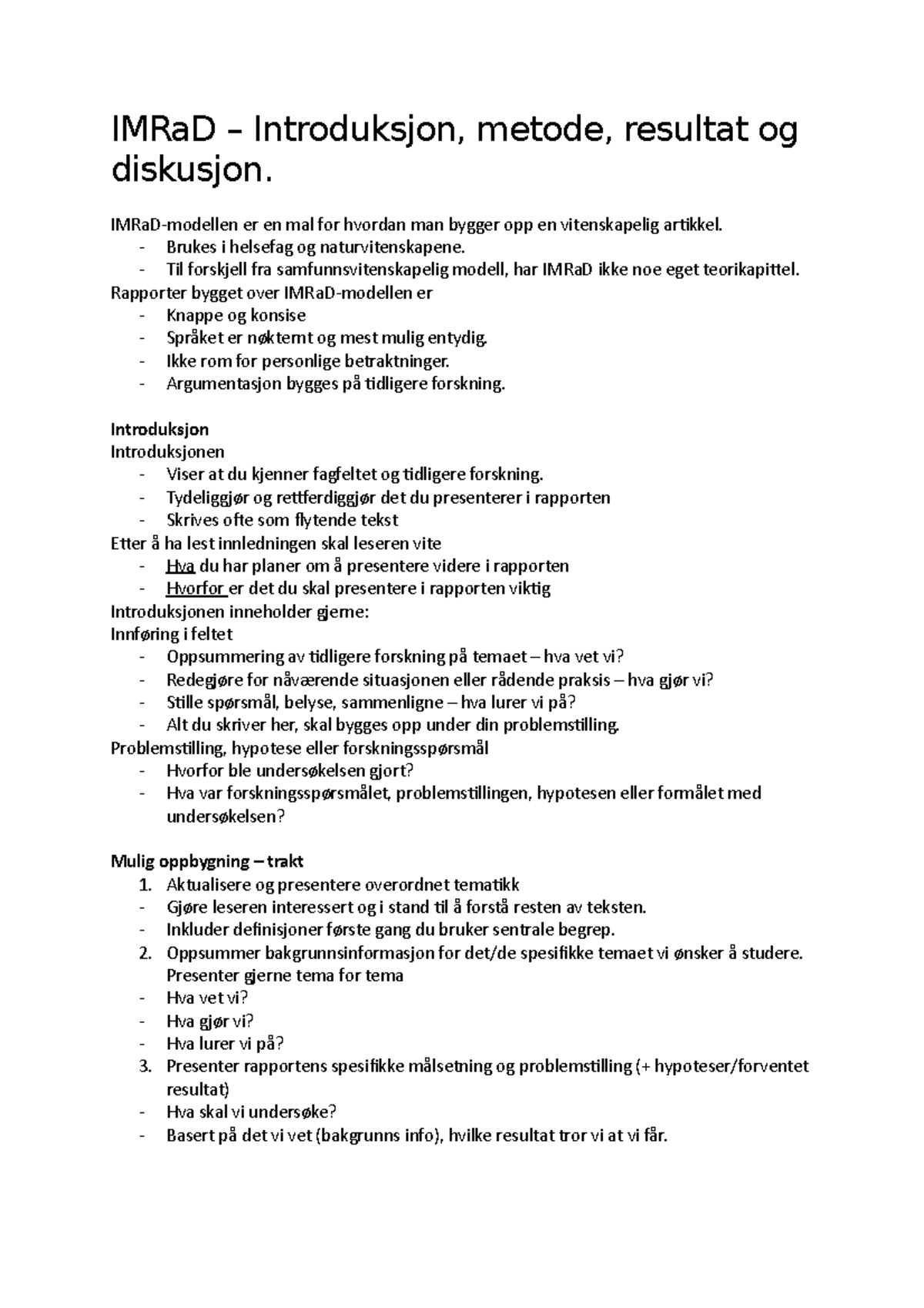 IMRa D - Notater - IMRaD – Introduksjon, metode, resultat og diskusjon ...