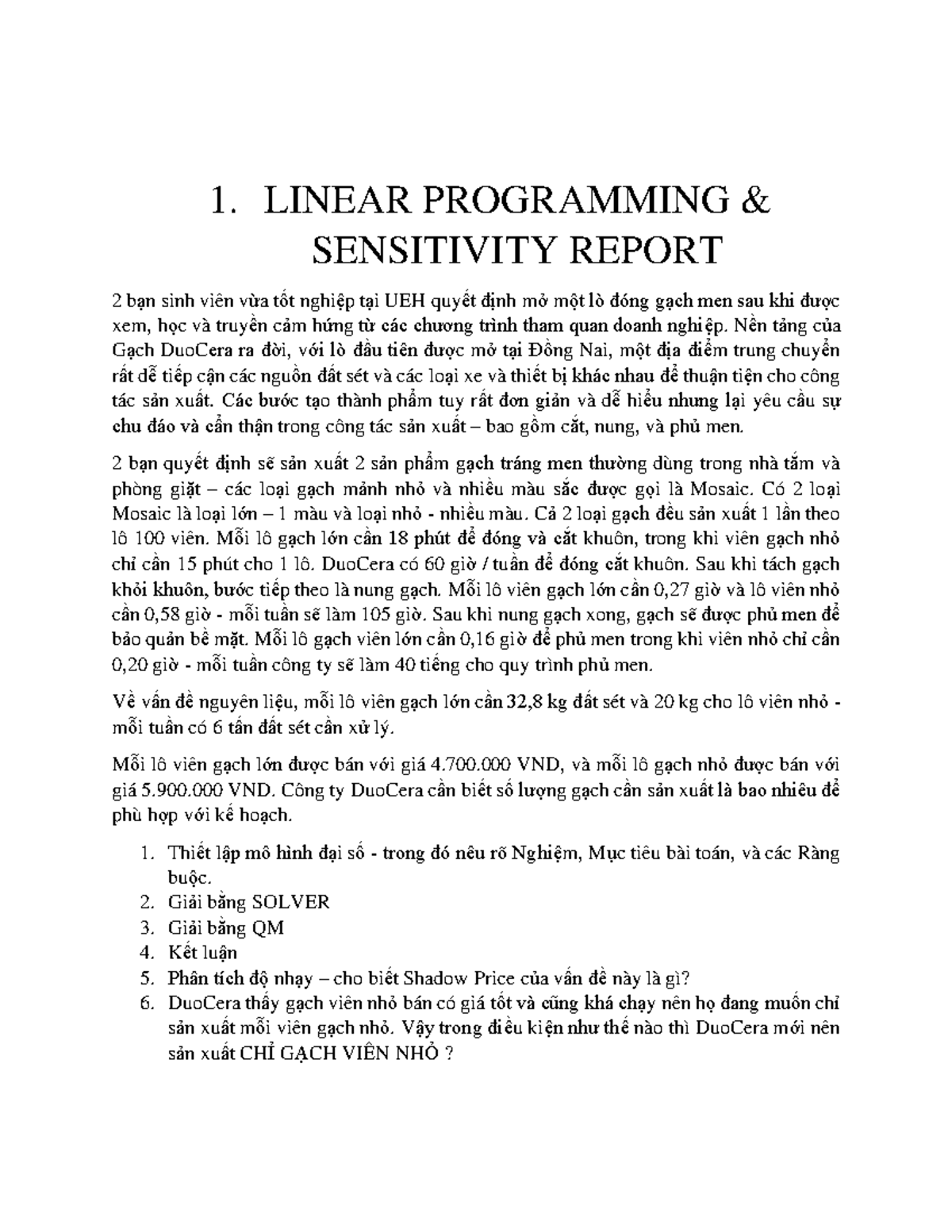Đề quá trình co phan tim duong - 1. LINEAR PROGRAMMING & SENSITIVITY ...