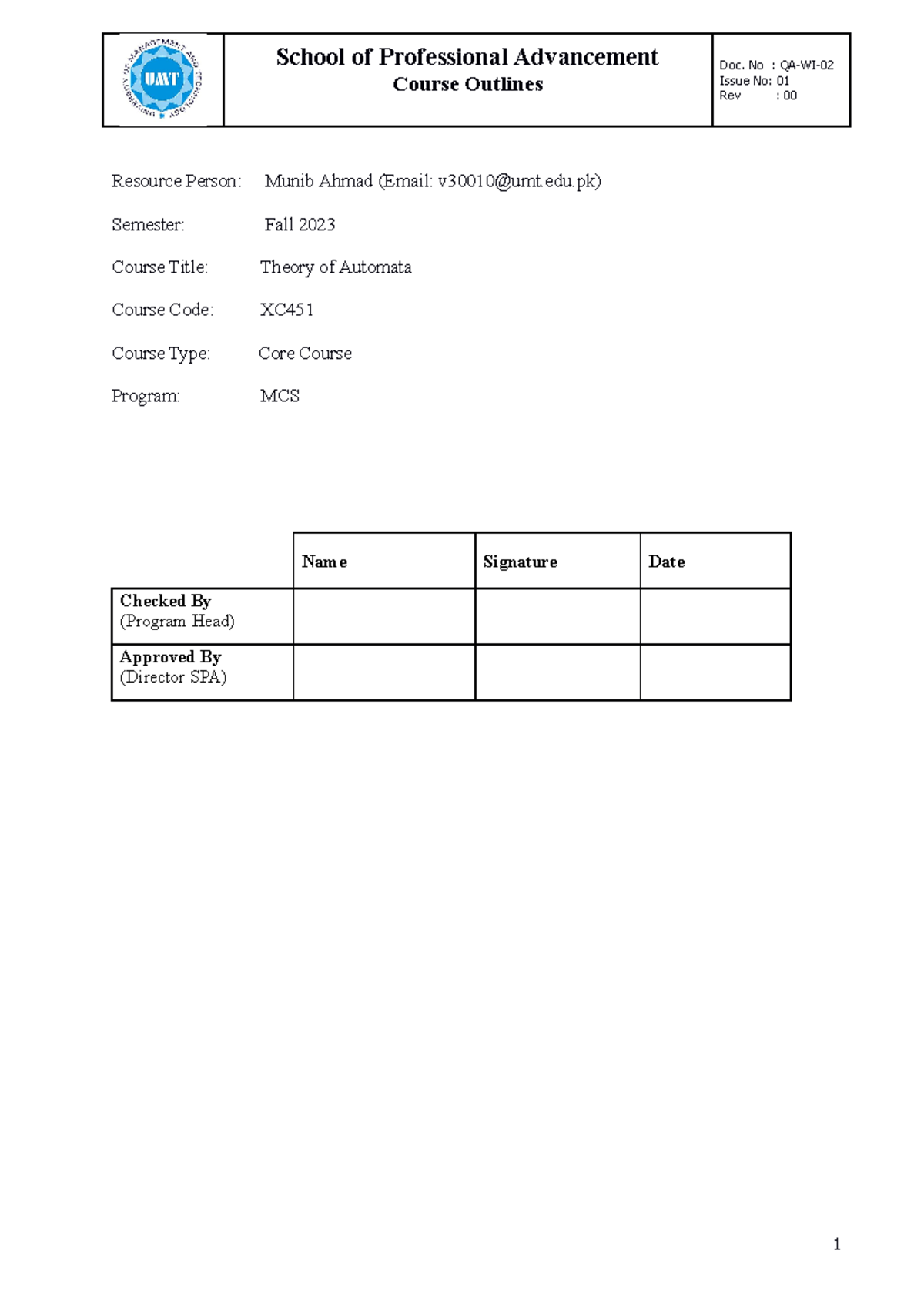 Course Contents Automata Theory Fall 2023 Course Outlines Doc No Qa Wi Issue No 01 Rev