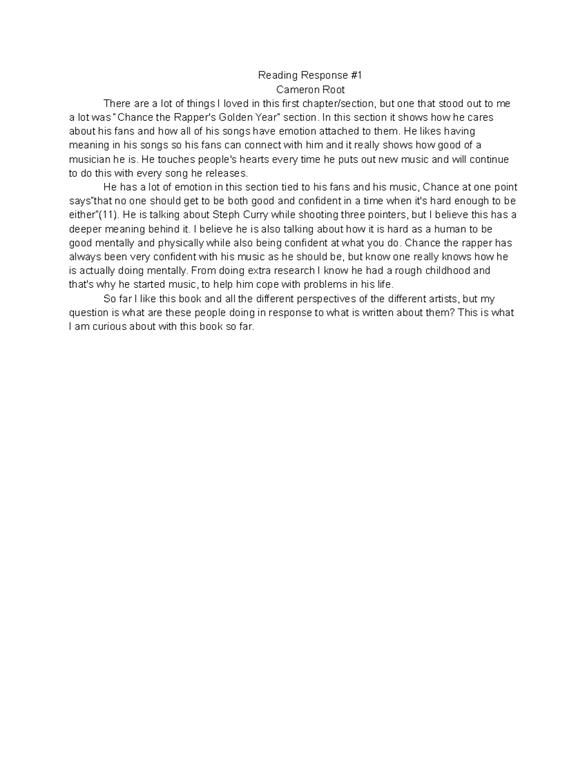 Reading Responce #1 9 6 - Talk about - Reading Response # Cameron Root ...